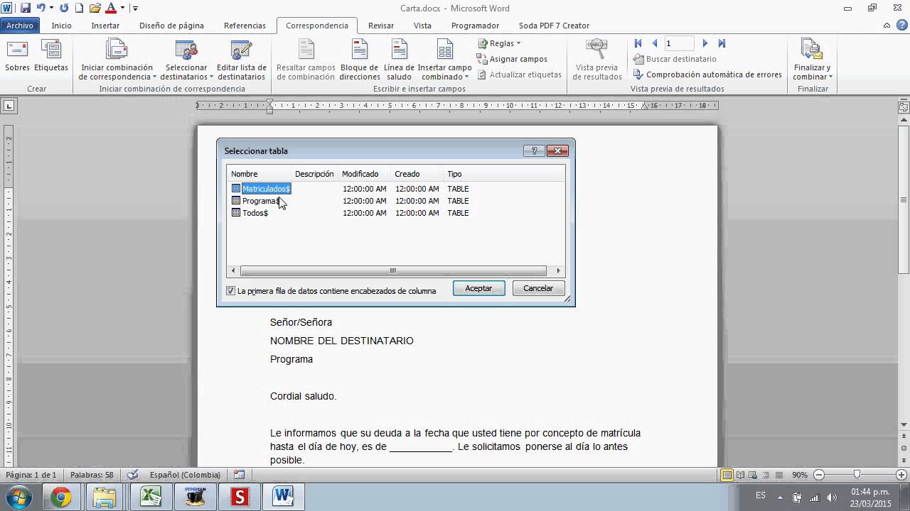 Combinar correspondencia Word y Excel - YouTube
