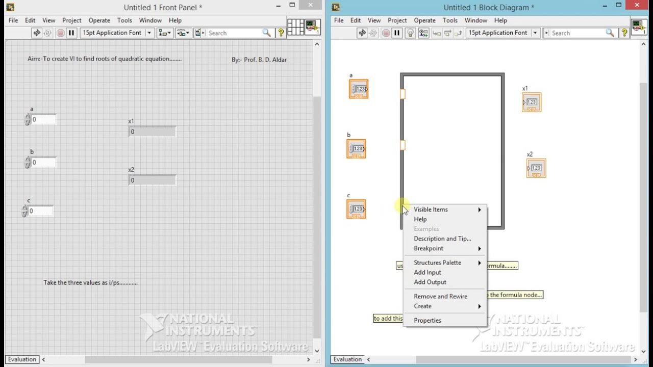 To create VI for finding roots of quadratic equation using LabVIEW ...