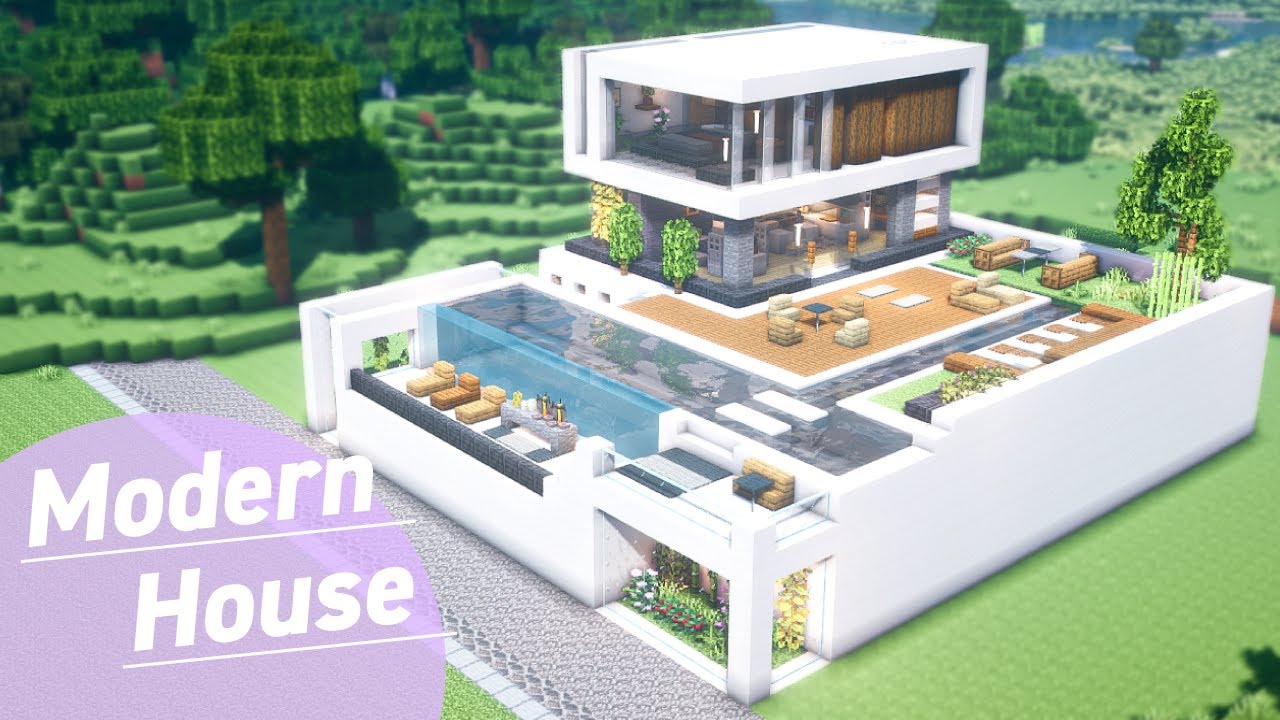 【マイクラ建築】広々とした庭&プール!緑多めのおしゃれなモダンハウスの作り方 Youtube