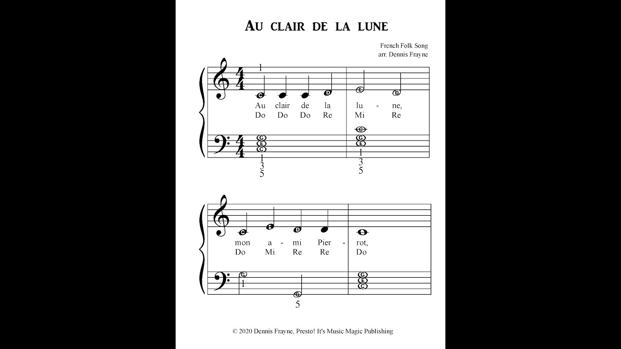 Au clair de la lune, arranged for piano with big alpha note notation by ...