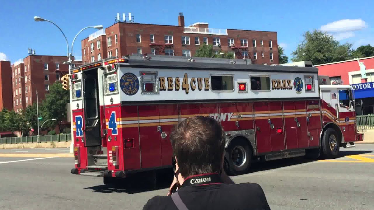 FDNY RESCUE 4 RETURNING QUARTERS ON QUEENS BLVD. IN WOODSIDE AREA OF ...