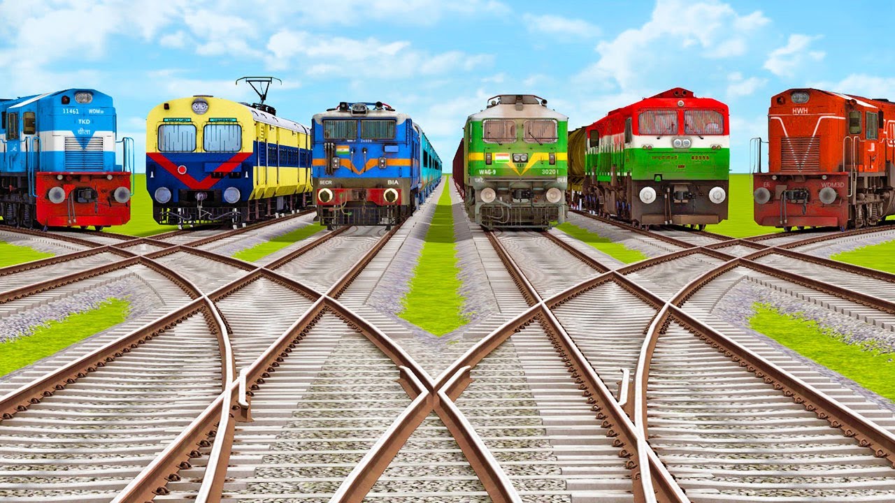 6 LINE BRANCHED FORKED RAILROAD CROSSING | Trains Running Video | Train ...