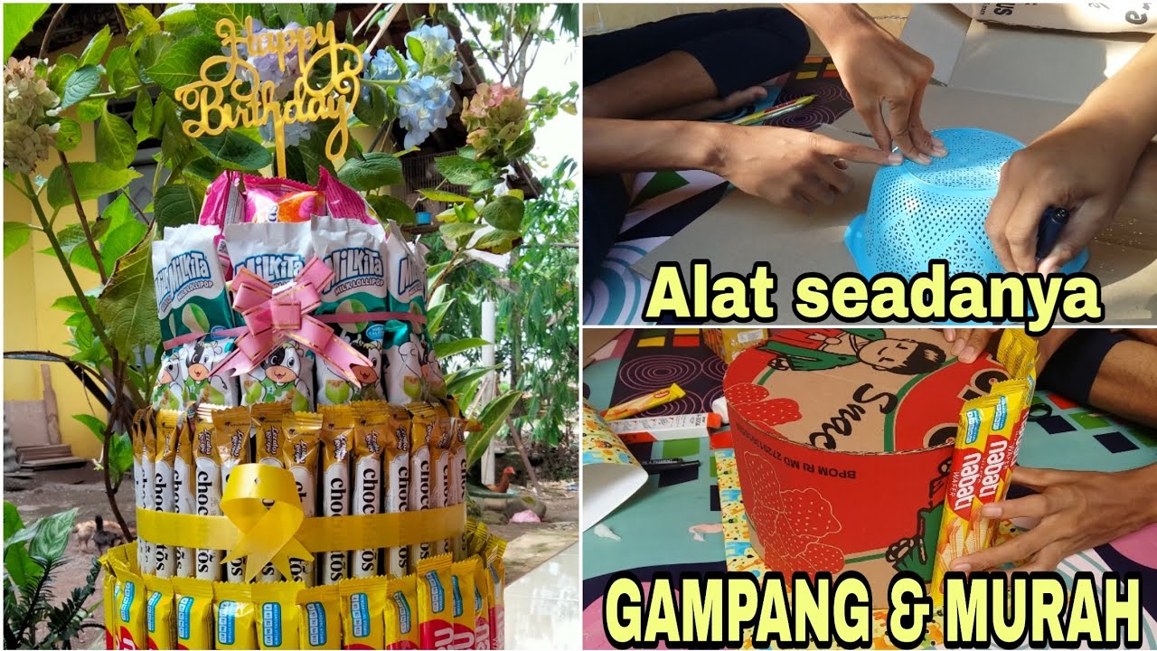 CARA MEMBUAT KUE ULANG TAHUN DARI SNACK || HOW TO MAKE TOWER SNACK ...