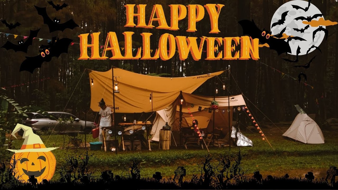 Camping Halloween Edition | Camping in heavy rain, ASMR, eating bakso ...