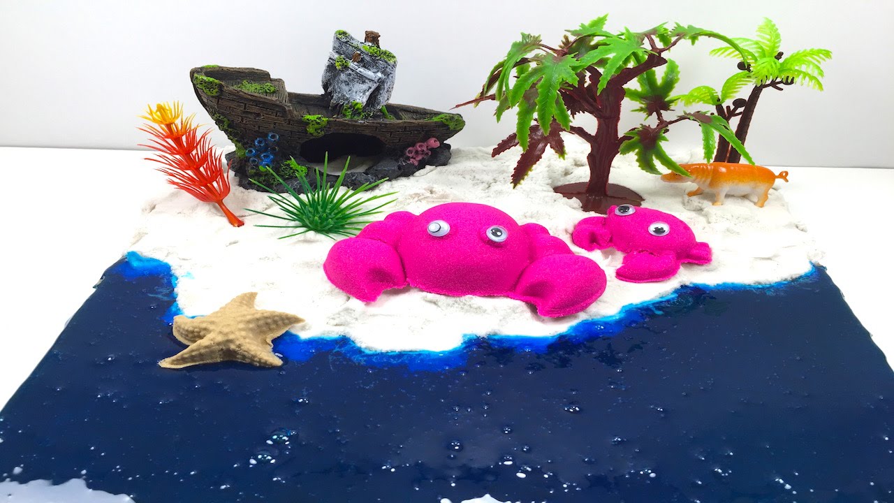 How to make "Kinetic Sand Crab Beach" with Color Liquid Glass Slime ...