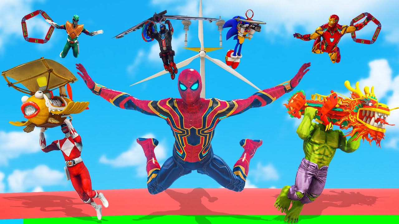 ALL SUPERHEROES FLYING CHALLENGE | Spiderman, Hulk & Power Rangers ...