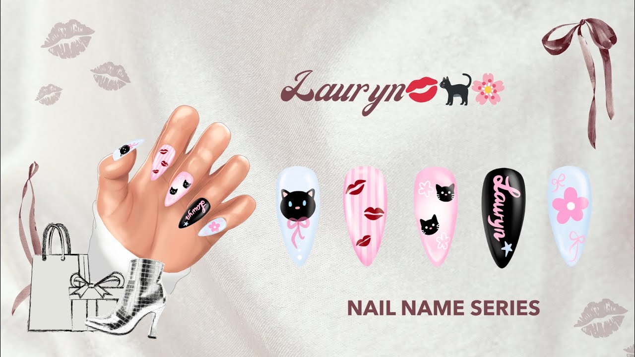 Real-time Nail Art Tutorial | Nail Series Name Lauryn💋🐈‍⬛🌸 #naildesigns ...