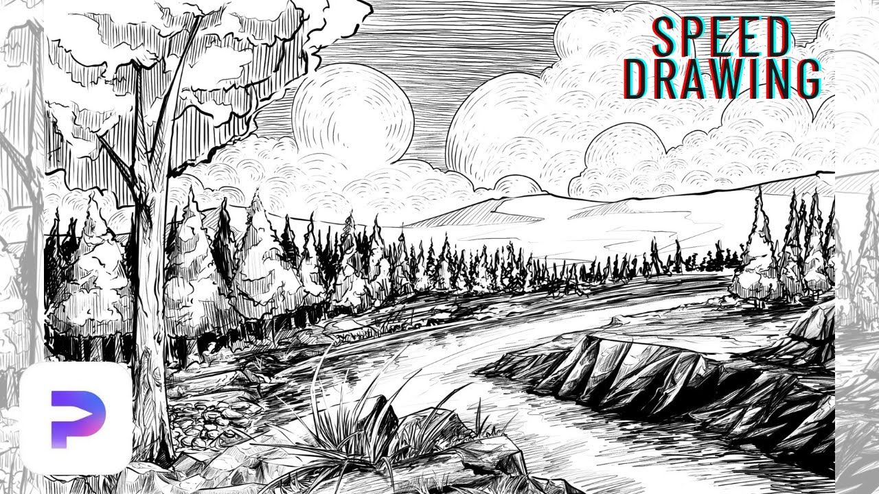 Menggambar ilustrasi pemandangan dengan teknik line art(Speed drawing ...