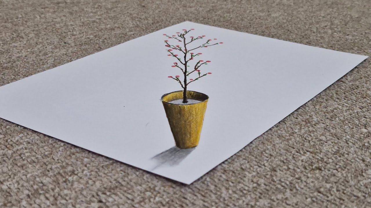easy 3d drawing flower in pot on paper for beginners - YouTube