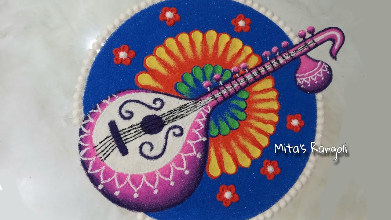 Saraswati puja rangoli || वसंत पंचमी रंगोली || Veena rangoli for Vasat ...
