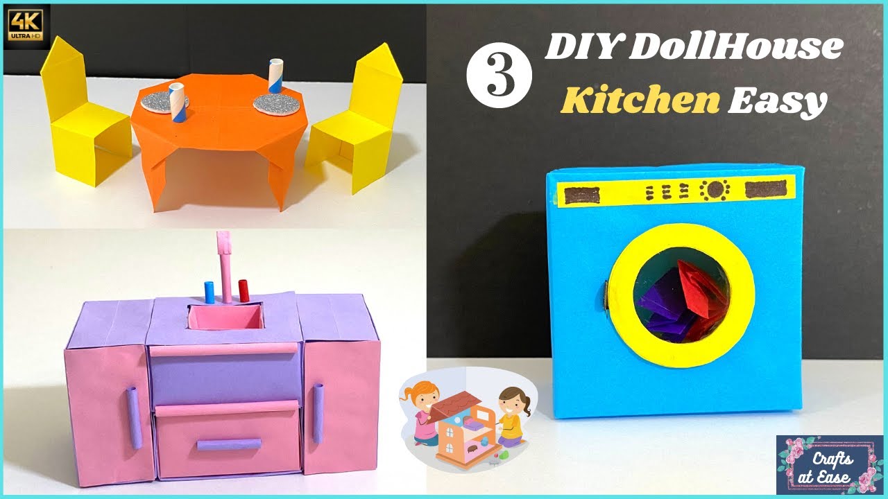 DIY Miniature Dollhouse Kitchen | With Paper Dining Table, Sink ...