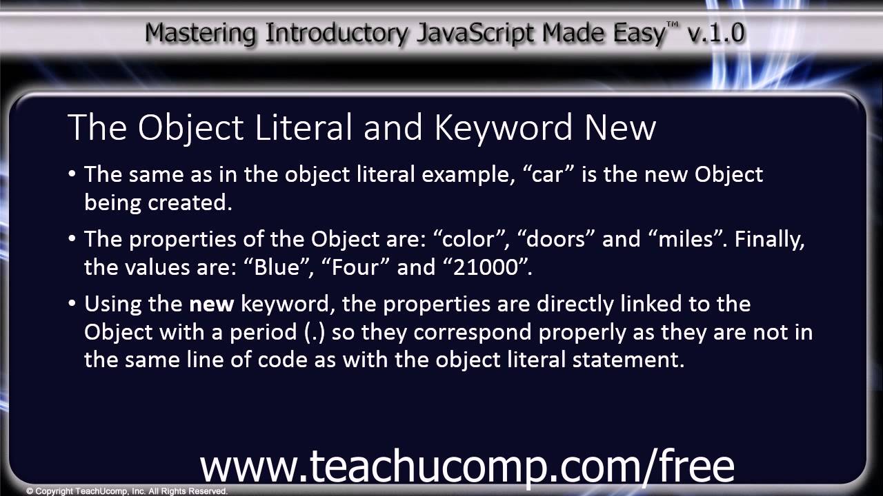 Javascript Training Tutorial The Object Literal And The Keyword New Youtube 6608