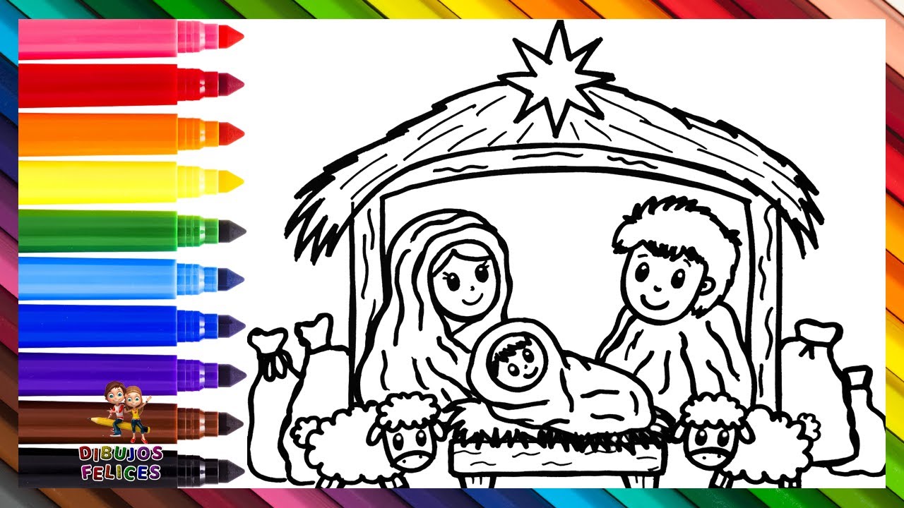 Dibuja y Colorea Una Escena De Navidad 👼👨‍👩‍👦🌟🌈 Dibujos Navideños Para ...