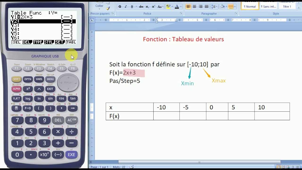 Tableau de valeurs d'une fonction - YouTube