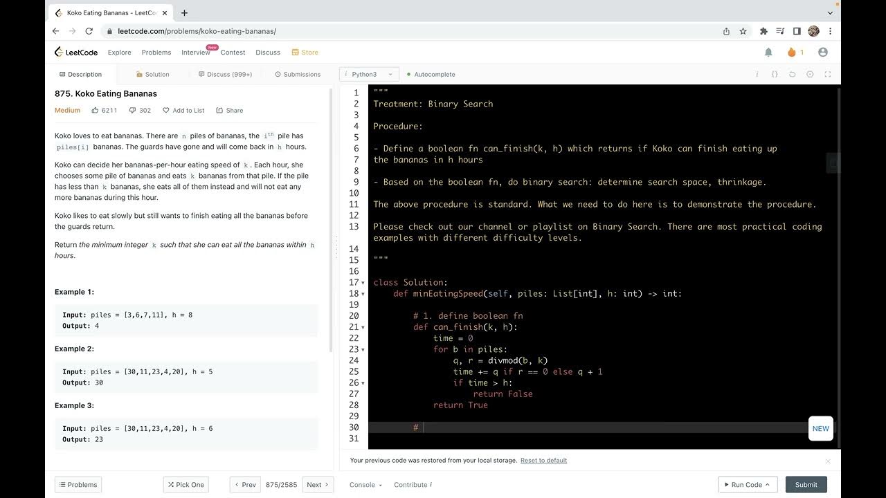 leetcode 875. Koko Eating Bananas - binary search solution - YouTube