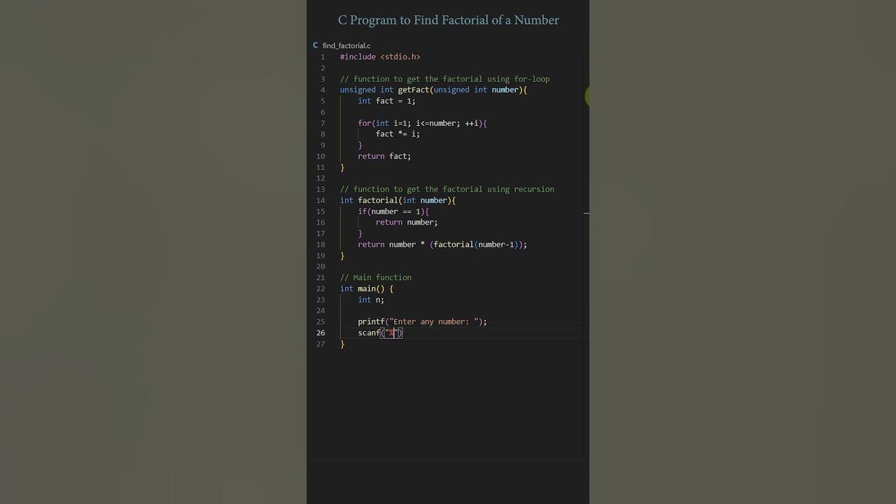 C Program to Find Factorial of a Number #cprogramming - YouTube