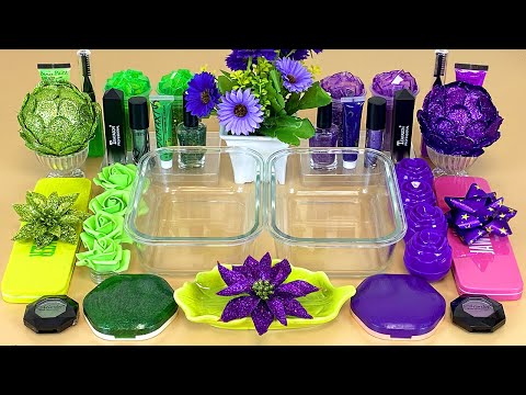 GREEN vs PURPLE SLIME Mixing makeup and glitter into Clear Slime ASMR Satisfying Slime Videos 1080p