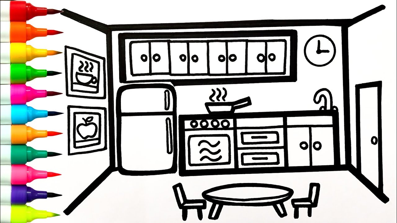 KITCHEN & HOUSE DRAWING || 3D Kitchen Drawing | How to draw a Kitchen ...