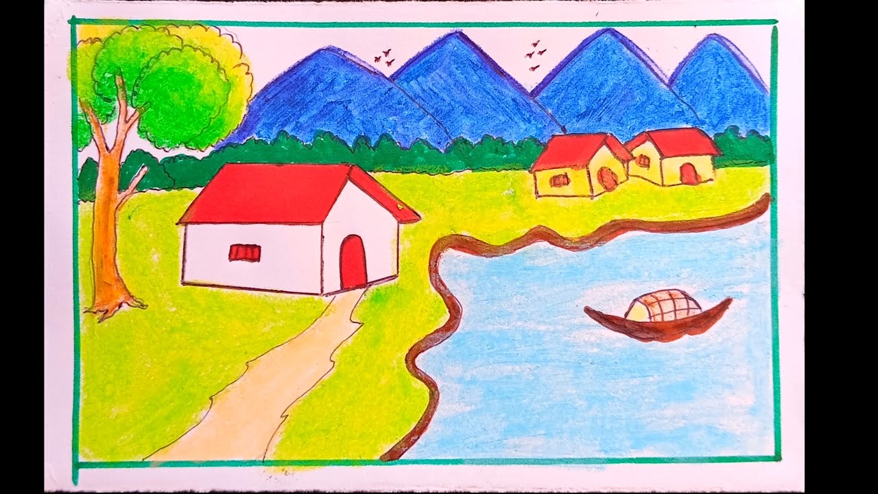 গ্রামের দৃশ্য আঁকা |how to draw easy scenery |প্রাকৃতিক দৃশ্য |gramin ...