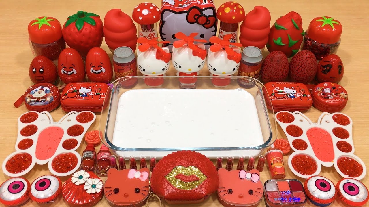 Series RED HELLO KITTY Slime ! Mixing Random Things into GLOSSY Slime ...