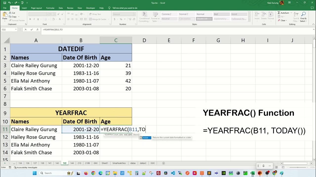 YEARFRAC() vs DATEDIF() in Excel - Excel Tips and Tricks - YouTube