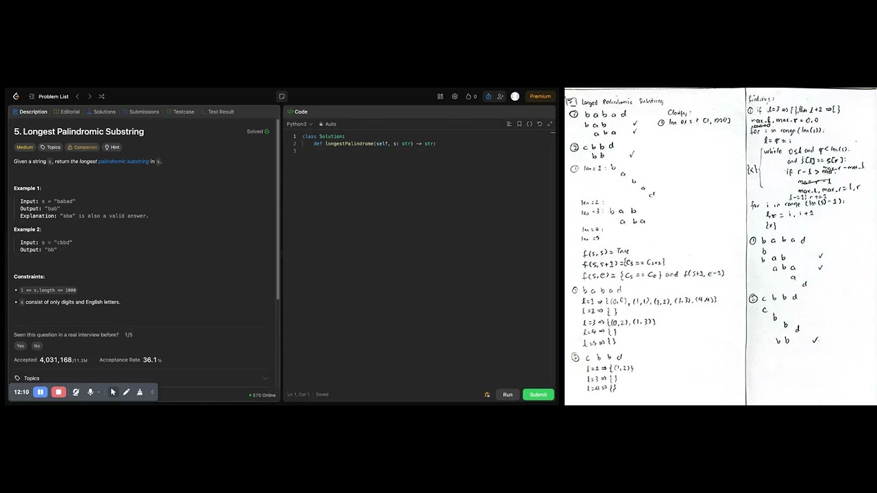 5. Longest Palindromic Substring - LeetCode (Python) - YouTube