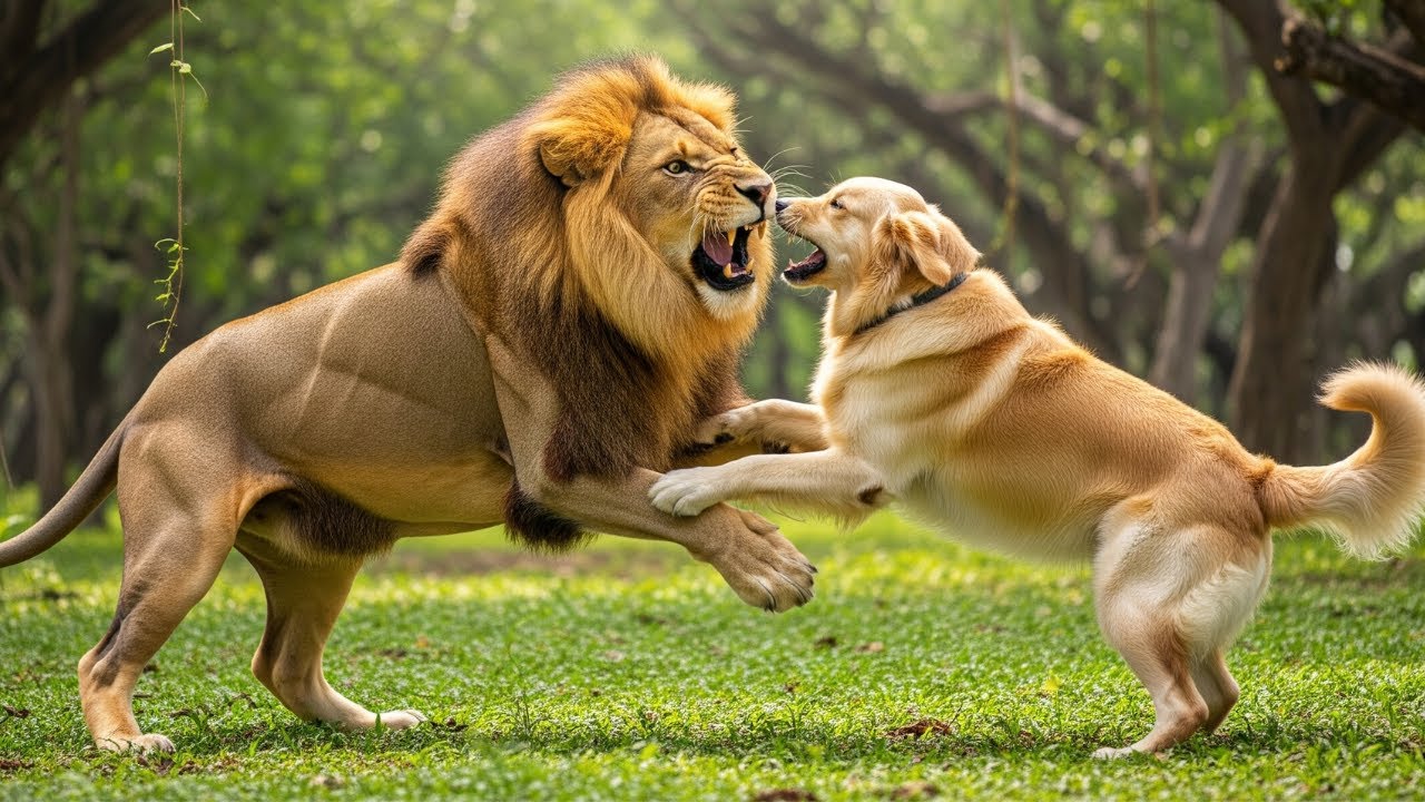 Brave Golden Retriever Fights Lion to Save Her Puppy - YouTube