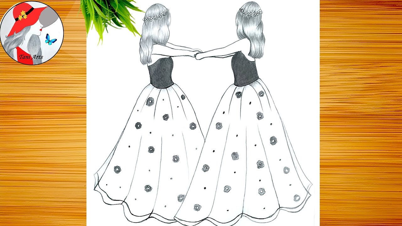 how to draw a girl in beautiful dress | two best friends drawing pencil ...