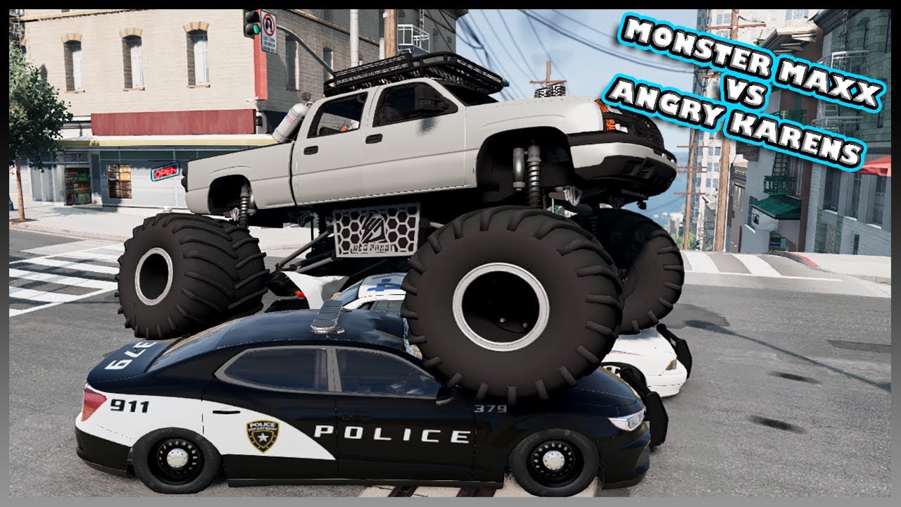 BeamNG.drive - MONSTER MAXX VS COPS (DESTROYS THEM!) - YouTube
