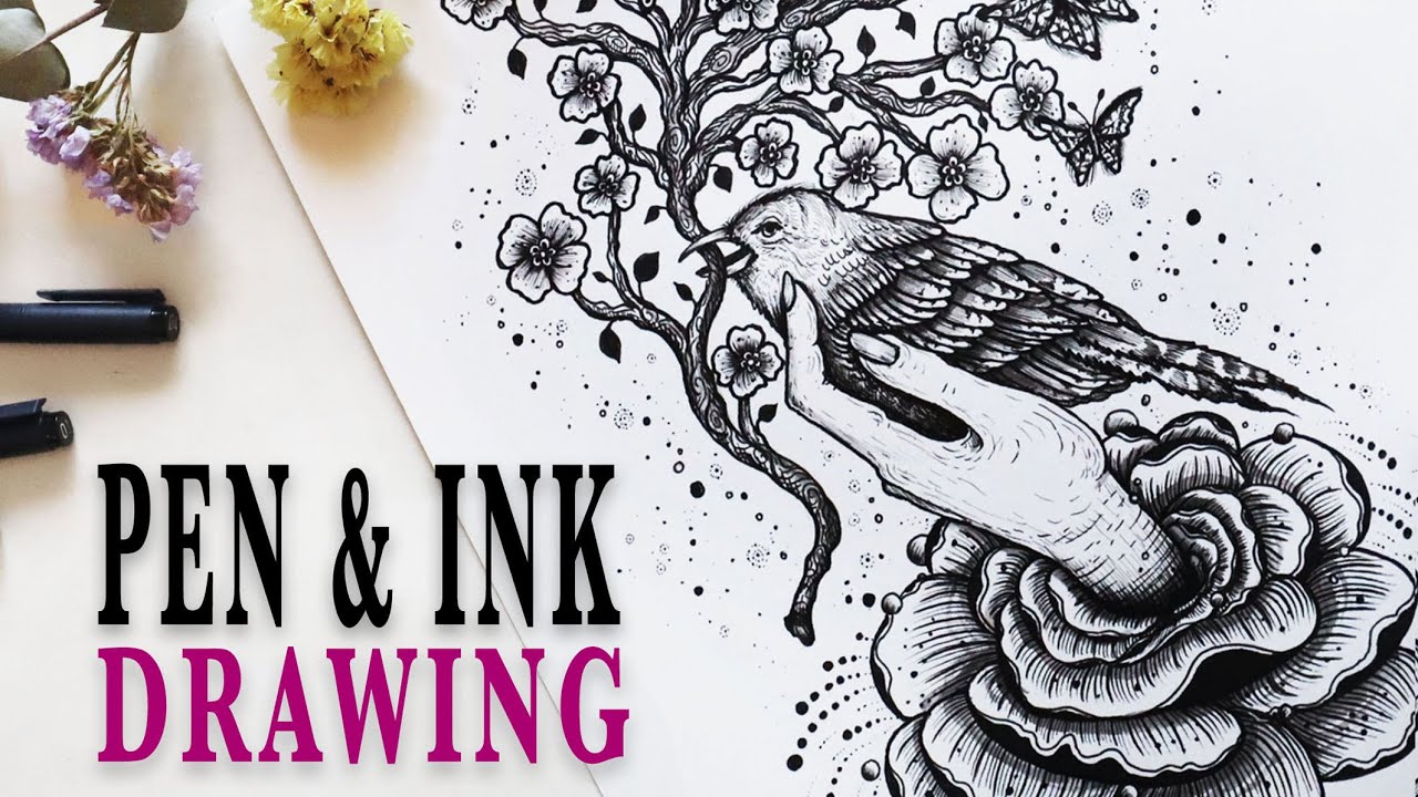 Pen & Ink Drawing - Peculiar Thing #art #bird #flowers - YouTube