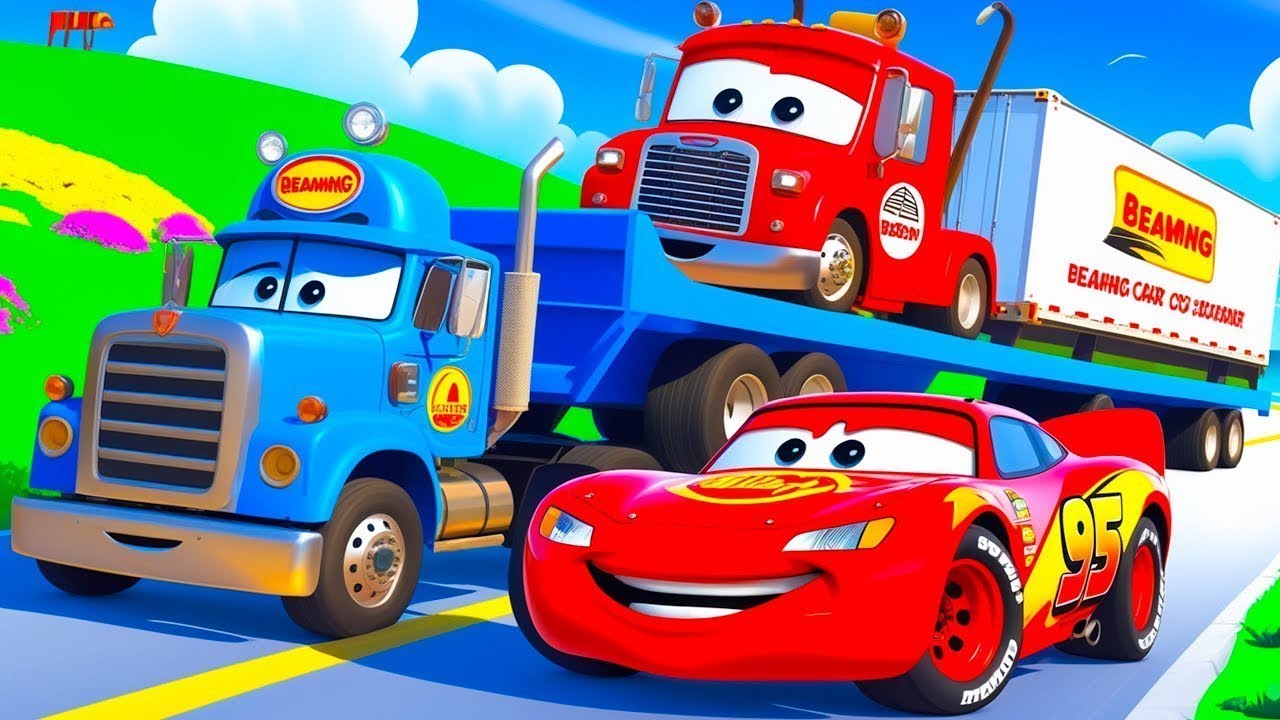 TRANSPORTING PIXAR CARS & FRUITS WITH COLORED & JOHN DEERE vs CLAAS vs ...