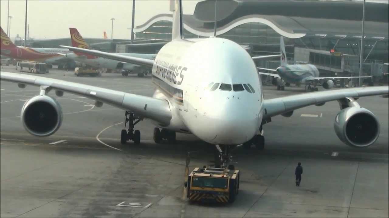 Airbus A380. Pushback, Jet Engine Startup and Taxi, Hong Kong Airport ...