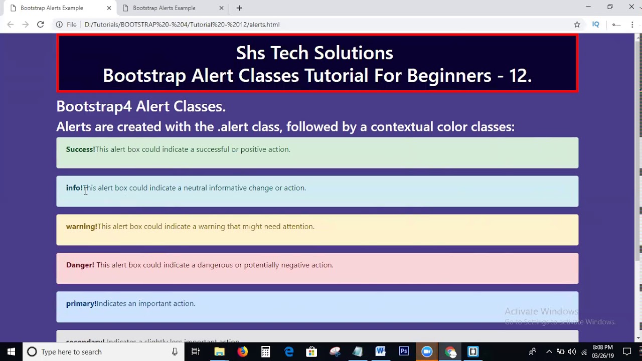 Bootstrap4 Tutorial For Beginners - 12 | Bootstrap4 Alert Classes | Alerts in bootstrap4 - YouTube