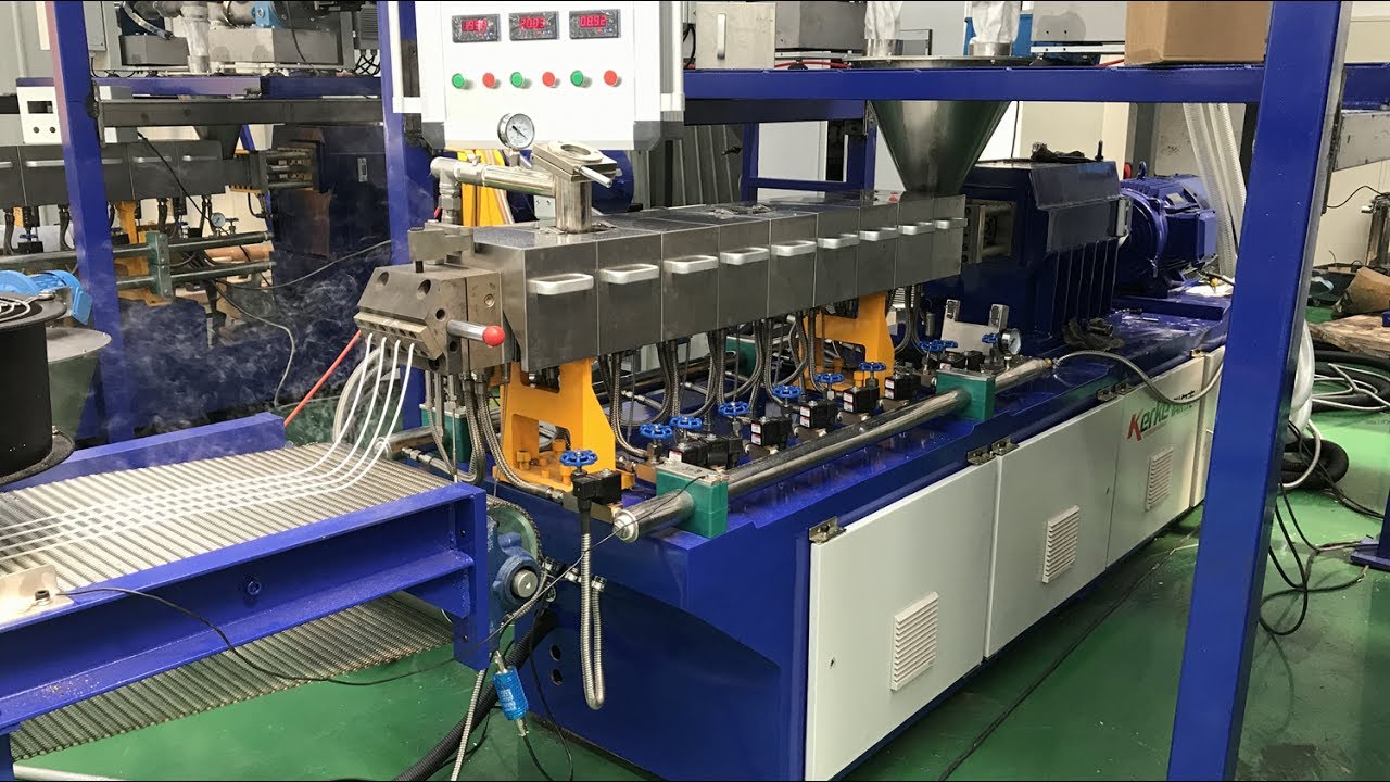 Export to Germany KTE-36B Air Cooling Strand Cutting Twin Screw Extruder - YouTube