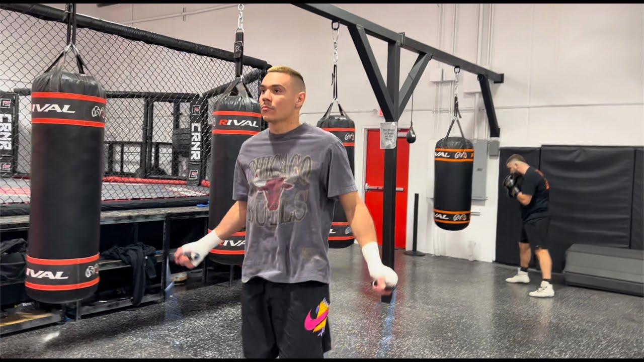 TIM TSZYU JUMPING ROPE IN CAMP FOR TONY HARRISON AT UFC FIT IN LAS ...
