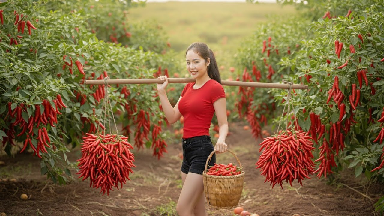 Harvesting fresh red chilies in the countryside to sell at the market ...