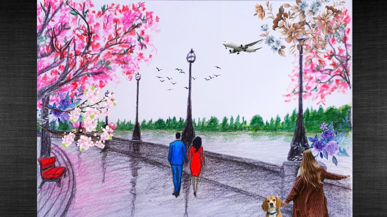 SPRING SEASON SCENERY DRAWING. Easy Steps / BAHOR FASLI RASMINI CHIZISH ...