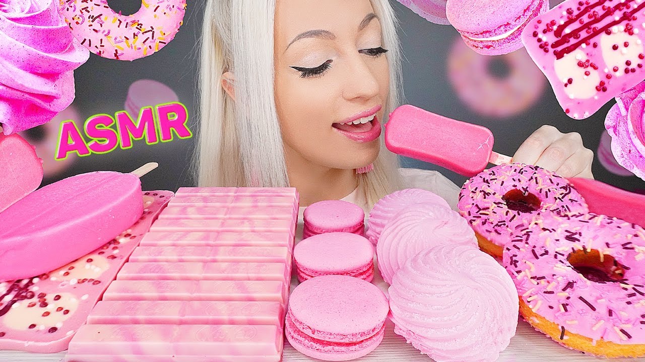 ASMR EATING PINK FOOD, CHOCOLATE, ICE CREAM, MACAROONS, MARSHMALLOW, 컬러 ...