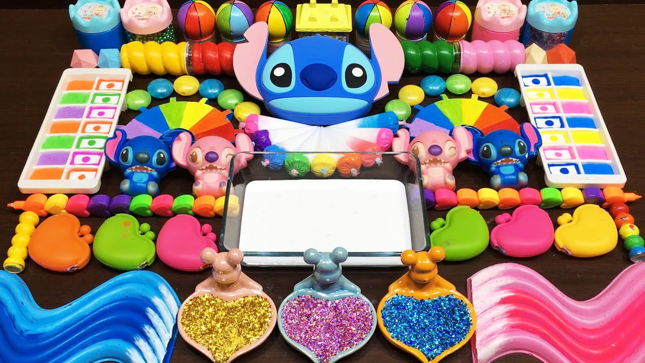 STITCH and RAINBOW Slime ! Mixing random into GLITTER Slime I Relaxing ...
