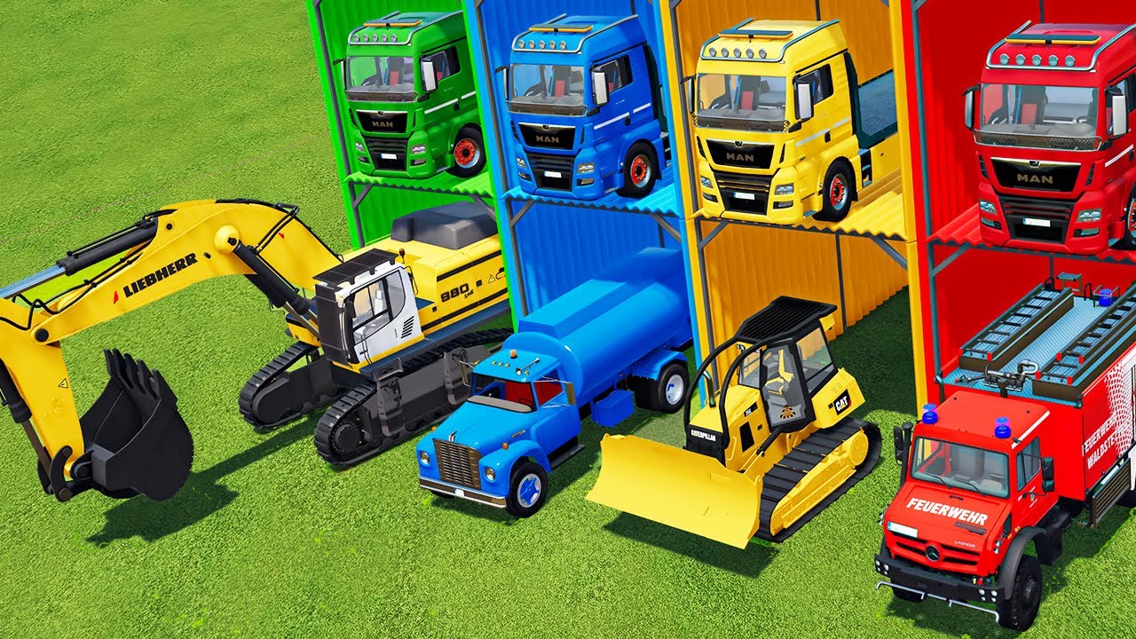 Garage Of Colors ! Excavator, Dozer, Fire Truck, Tanker Transport on ...