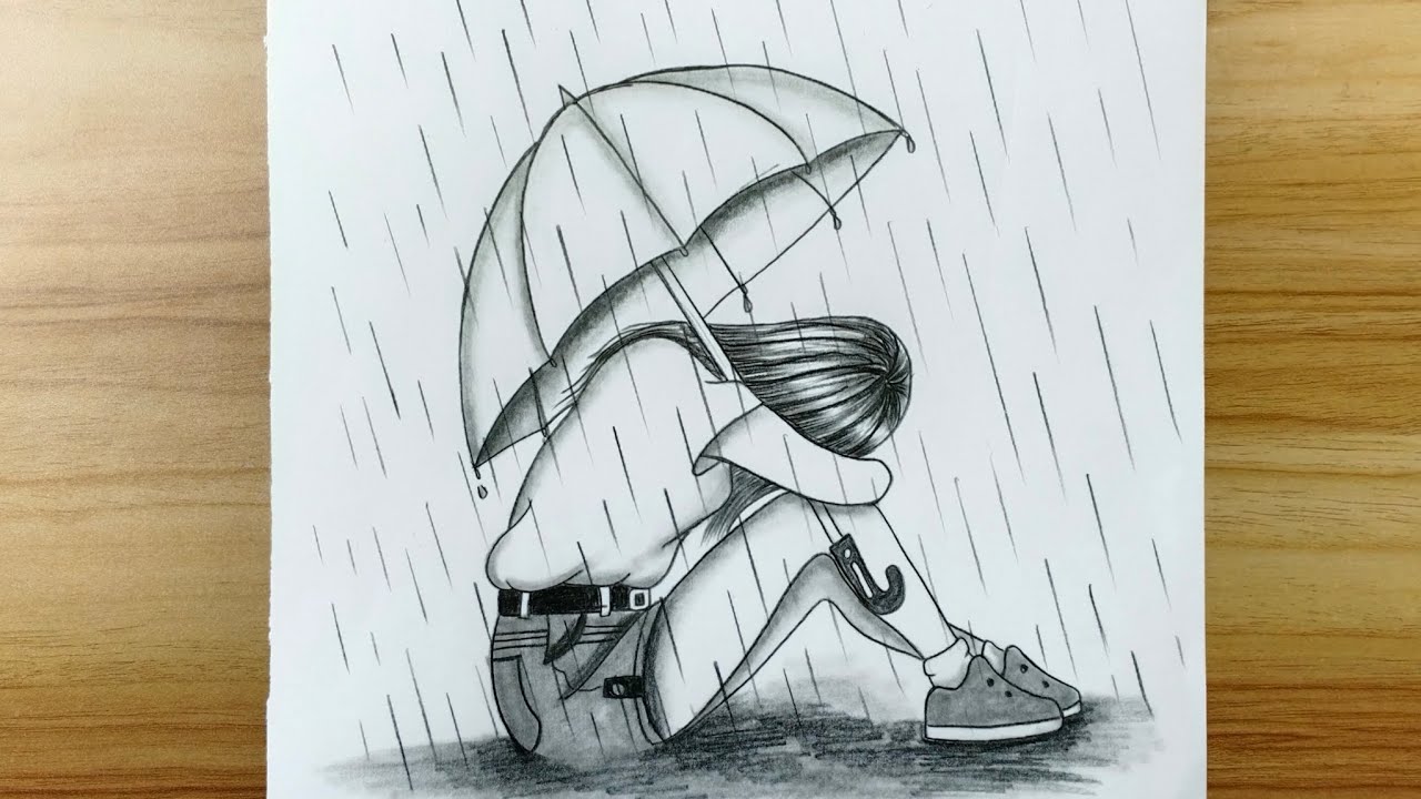 Sad Girl In Rain Drawing