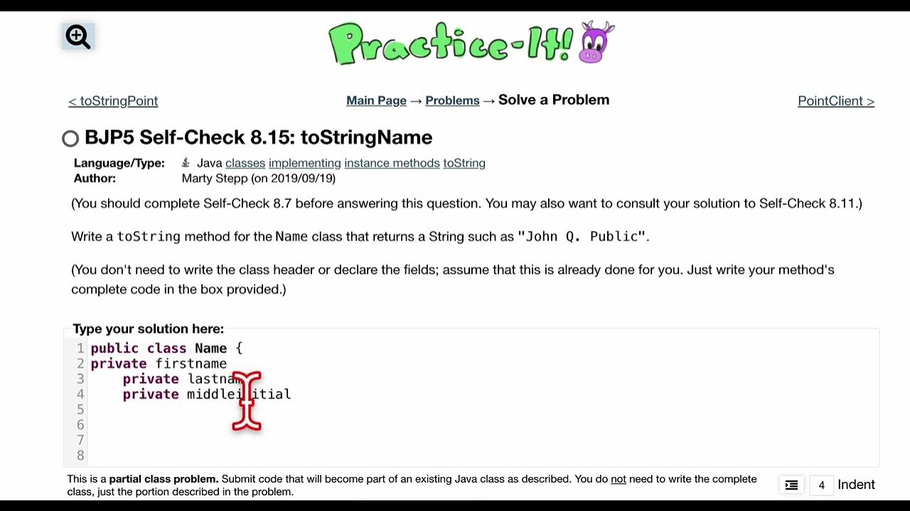 Java Practice It | Self-Check 8.15: toStringName | classes, instance methods, Point, toString ...