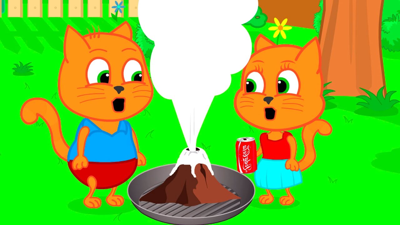 Cats Family in English - We made a volcano Cartoon for Kids - YouTube