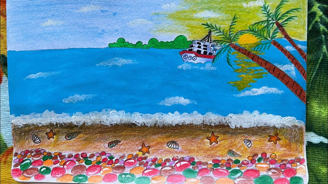 How to draw sea || Scenery drawing || Scenery painting || Beach ...