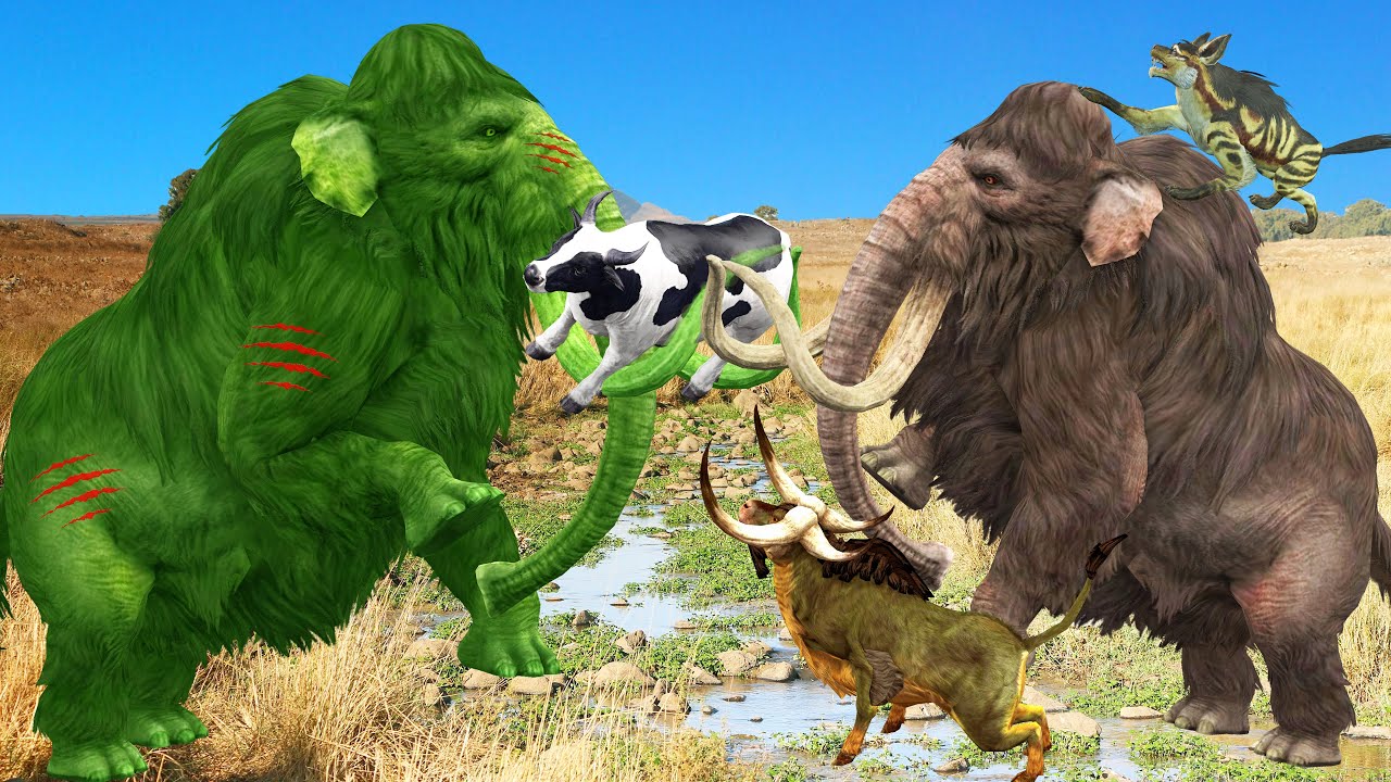 Zombie Green Mammoth vs Woolly Mammoth Animal Fight | Cow Cartoon ...