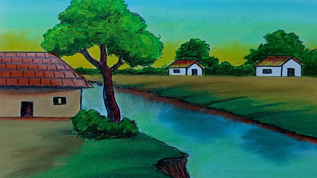 Realistic village scenery drawing with oil pastel@bhudevartacademy ...