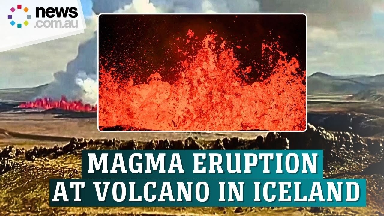 Beautiful Iceland volcano erupts again, spewing smoke and lava - YouTube
