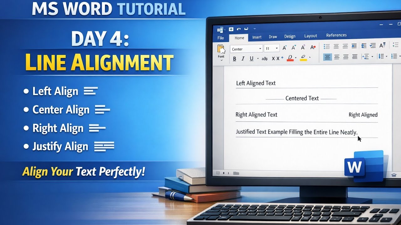 Day 4 | Computer Basics | Line Alignments Explained | Left, Center ...