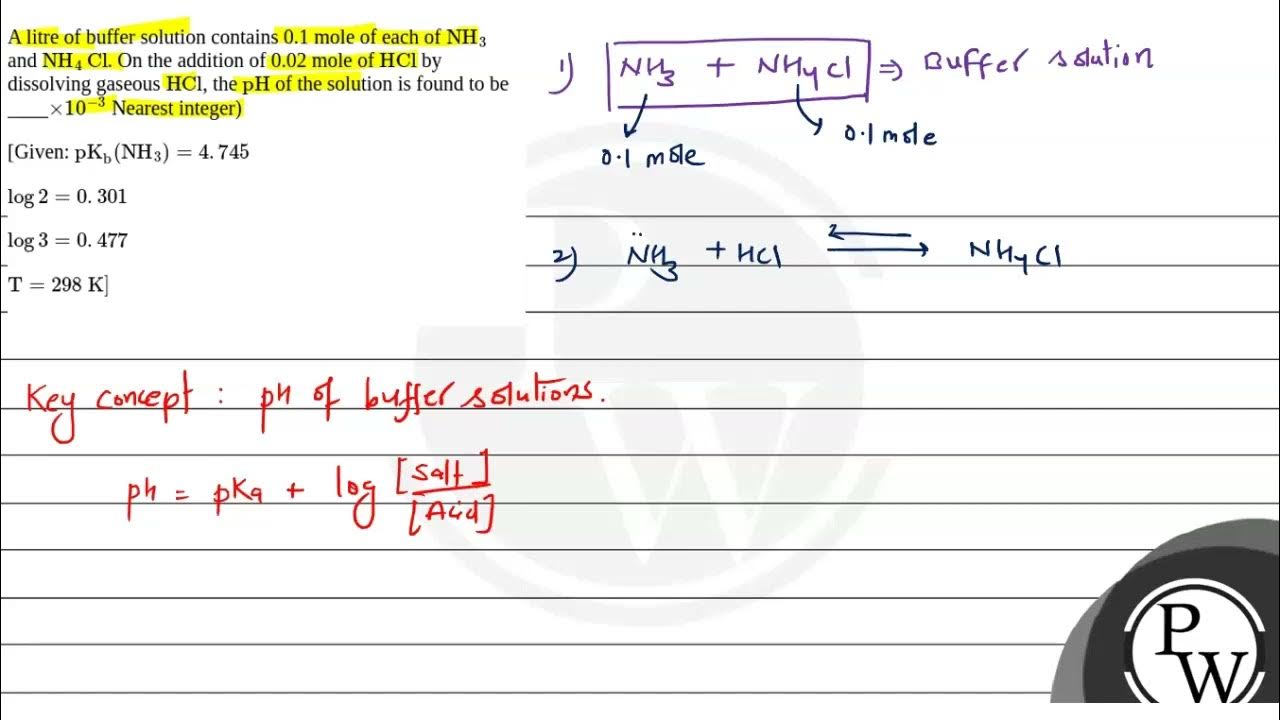 A litre of buffer solution contains 0.1 mole of each of NH3 and NH4Cl. On the addition of 0 ...