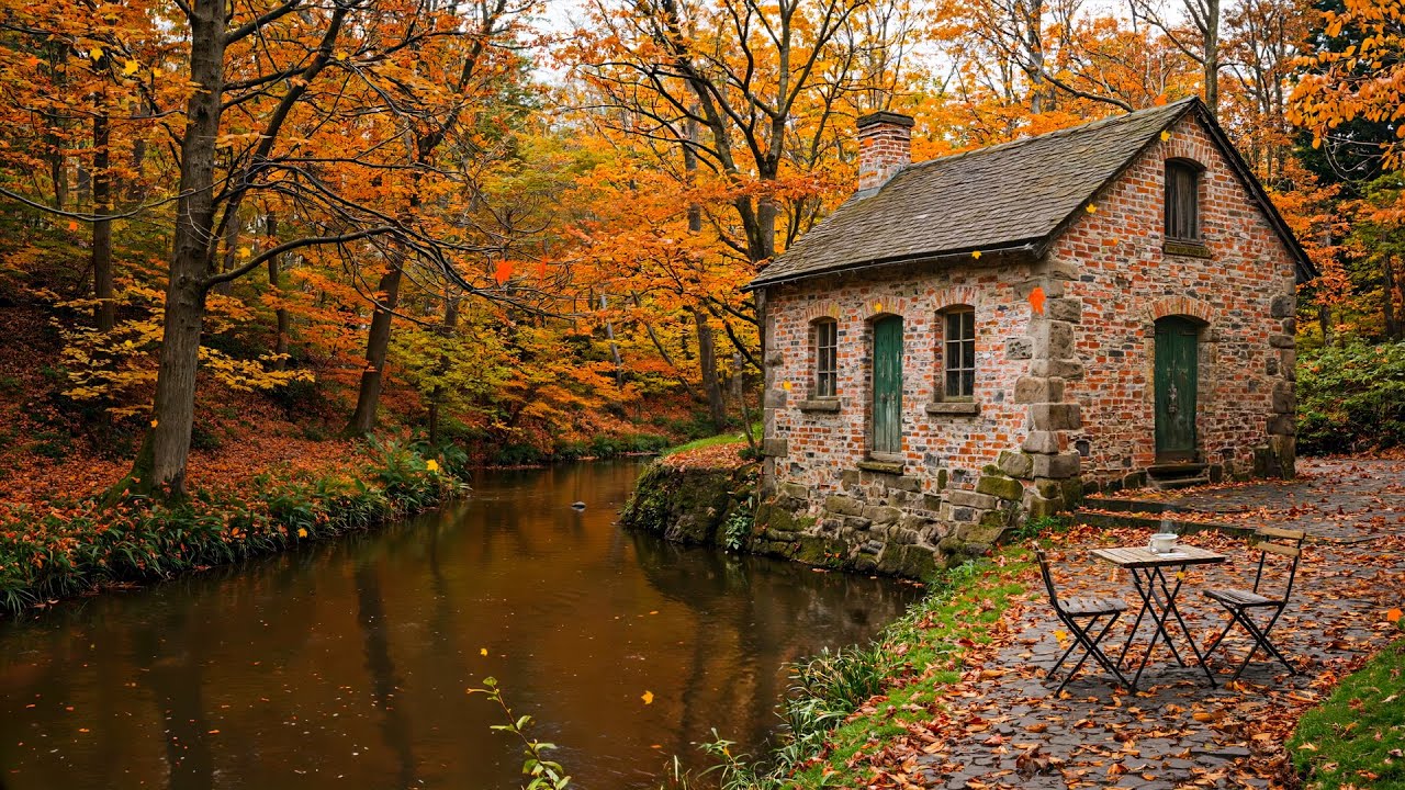 Smooth Autumn Jazz 🍁 Lakeside Stone Cottage Ambience ~ Relaxing Café ...